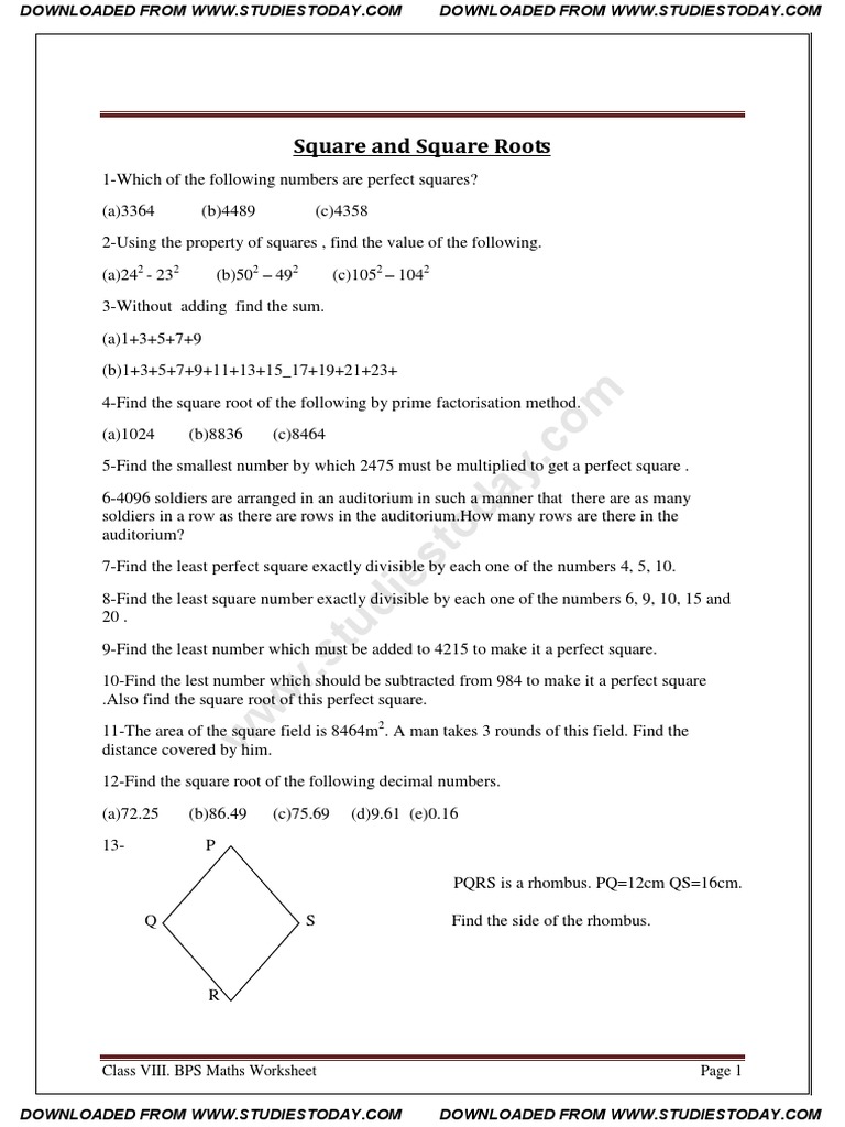 Square and Square Roots: Class VIII. BPS Maths Worksheet | PDF ...