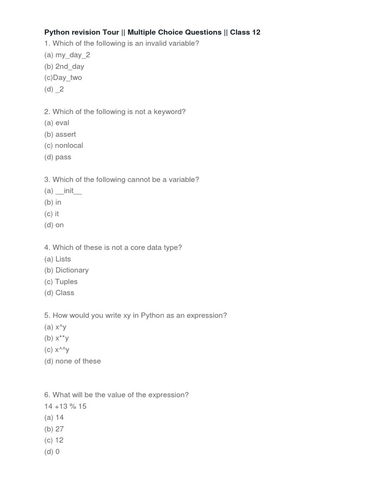 Python Revision Tour MCQ | PDF | Computer Programming | Programming ...