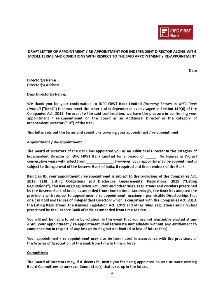 IDFC FIRST Bank Letter of Appointment Along With Model Terms and ...