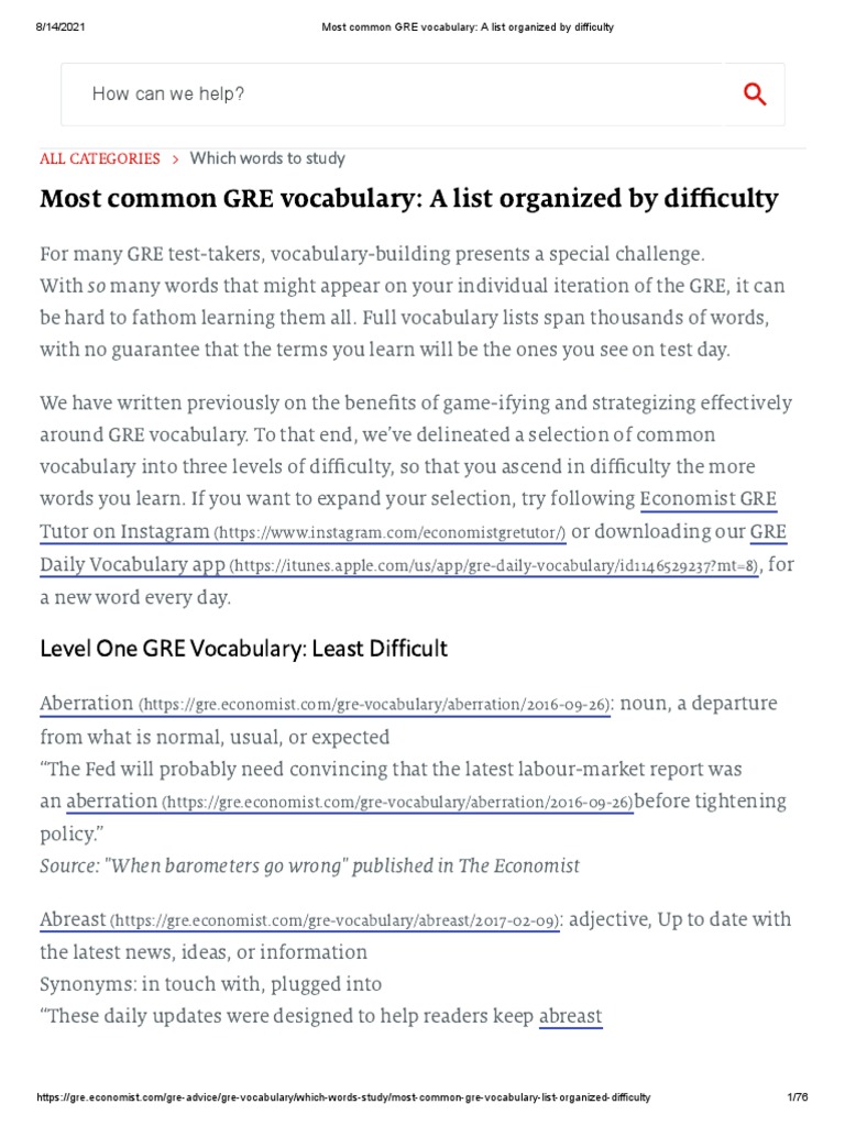 Common GRE Vocabulary by Difficulty | PDF | Graduate Record Examinations