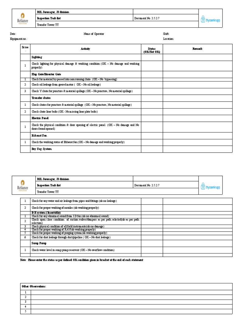 RIL Jamnagar, J3 Division Inspection Task-List | PDF | Mechanical ...