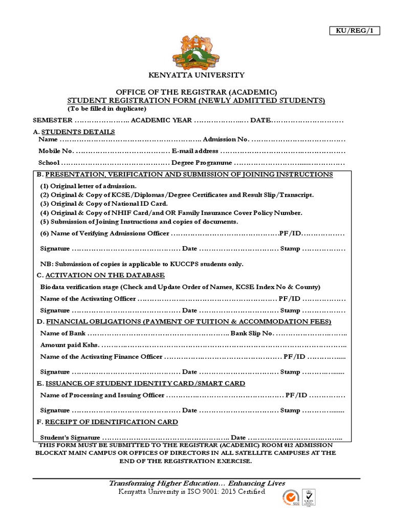 Kenyatta University Office of The Registrar (Academic) Student ...