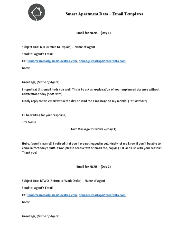 NCNS Email Templates for Agents | PDF | Text Messaging
