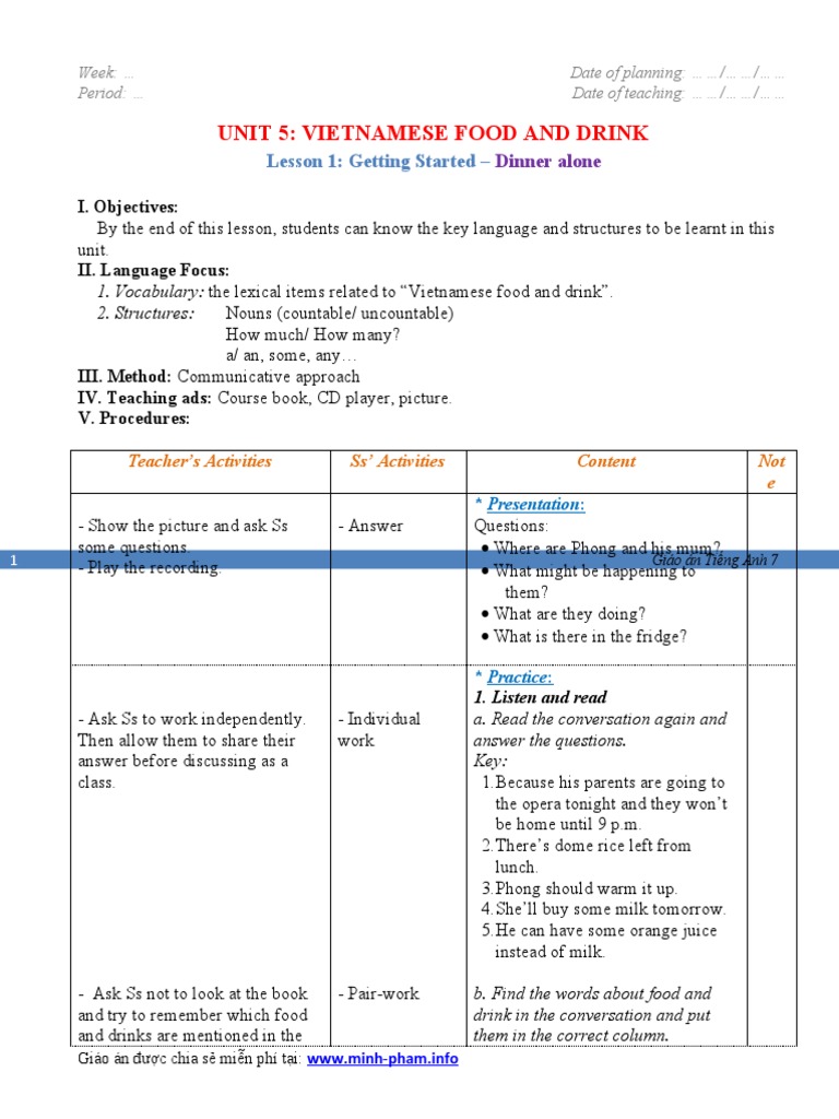 Unit 5: Vietnamese Food and Drink: Lesson 1: Getting Started | PDF ...