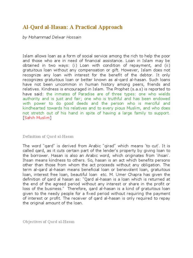 Qard Al-Hasan Practical Approach | PDF | Loans | Islamic Banking And ...