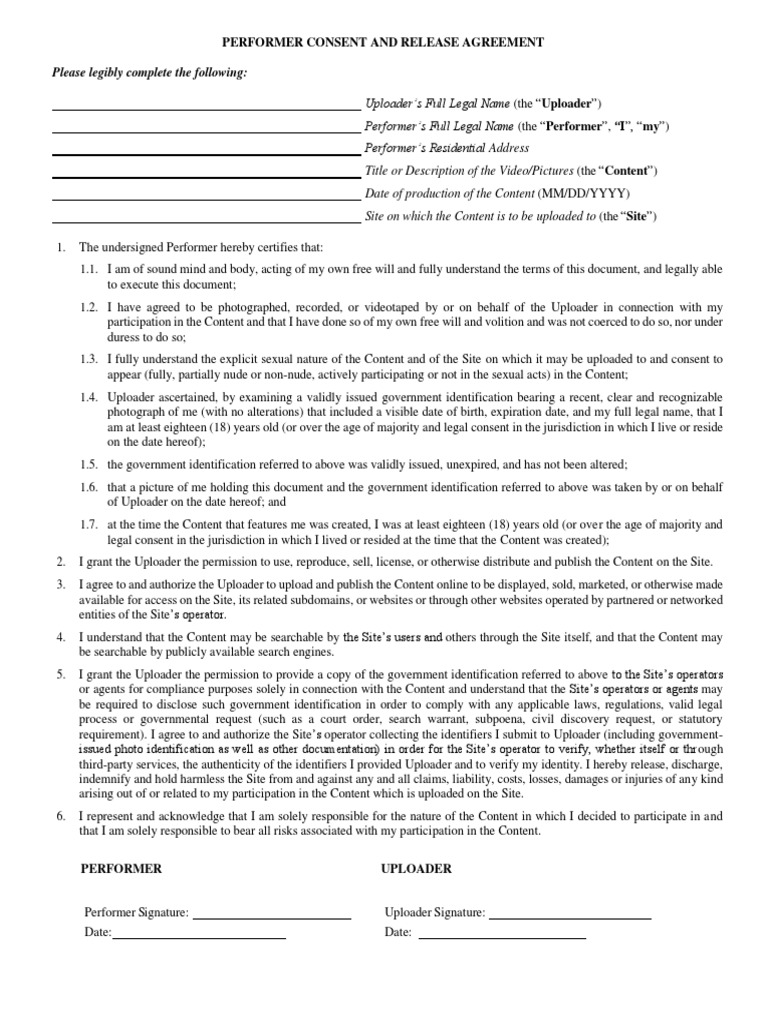 Performer Consent and Release Form | PDF | Identity Document | Indemnity