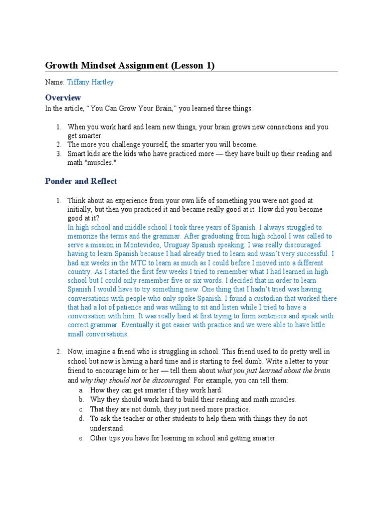 Growth Mindset Reflection Assignment | PDF | Cognition