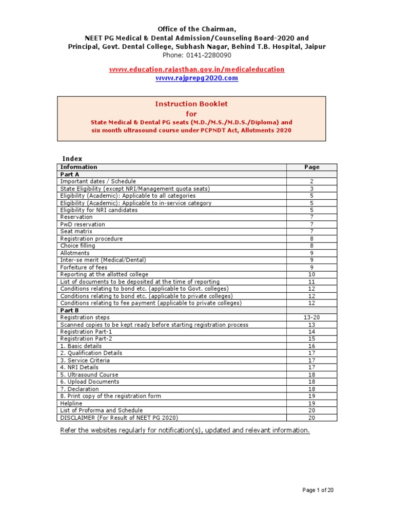 Instructions Booklet Pre PG 2020 18.03.2020 Combined | PDF | Dental ...