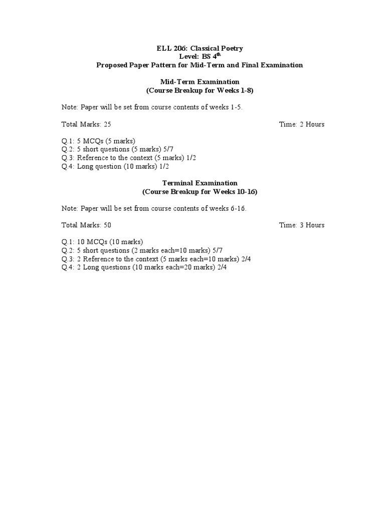 ELL 206: Classical Poetry Level: BS 4 Proposed Paper Pattern For Mid ...