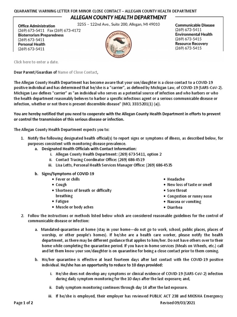 F Template - Minor Quarantine Letter For Covid Close Contact - 09.03. ...
