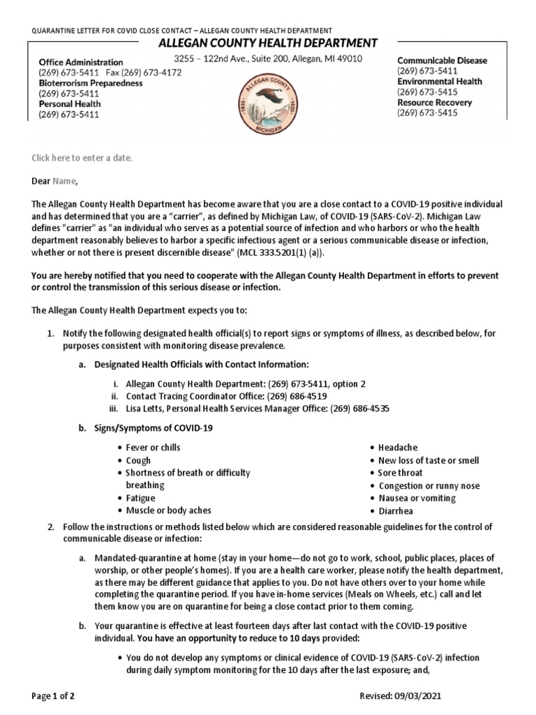 F Template Quarantine Letter For Covid Close Contact - 09.03.2021 | PDF ...
