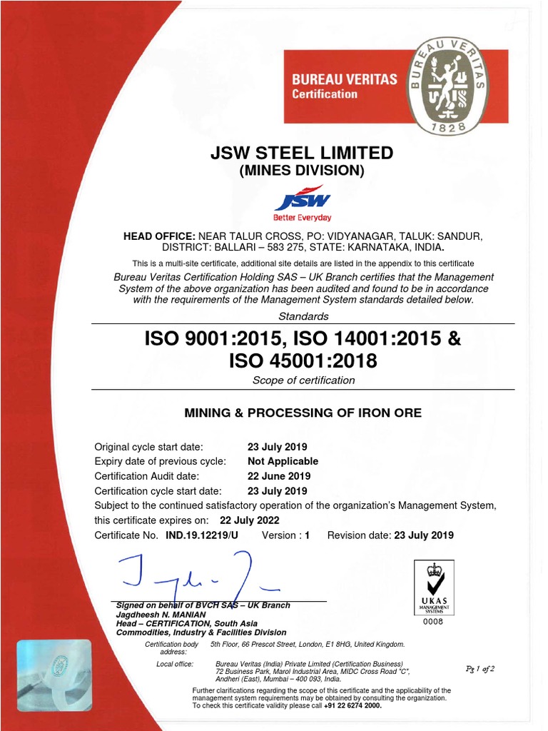JSW Steel ISO Certification Details | PDF | Iso 9000 | Mining