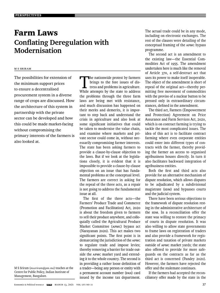 Farm Laws: Confl Ating Deregulation With Modernisation | PDF | Market ...