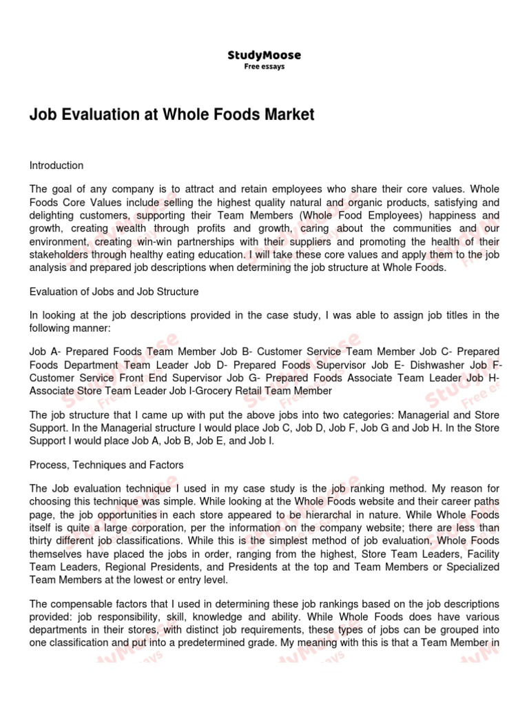 Evaluating Job Roles and Structures at Whole Foods Market Through ...