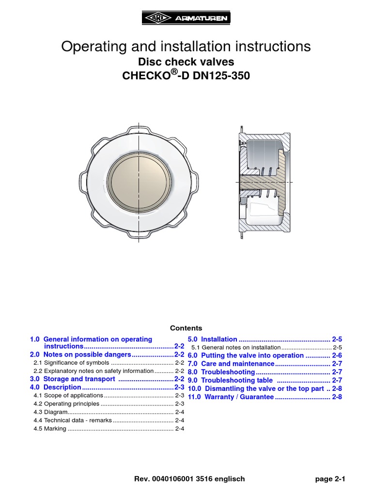 Operating and Installation Instructions: Disc Check Valves Checko - D ...