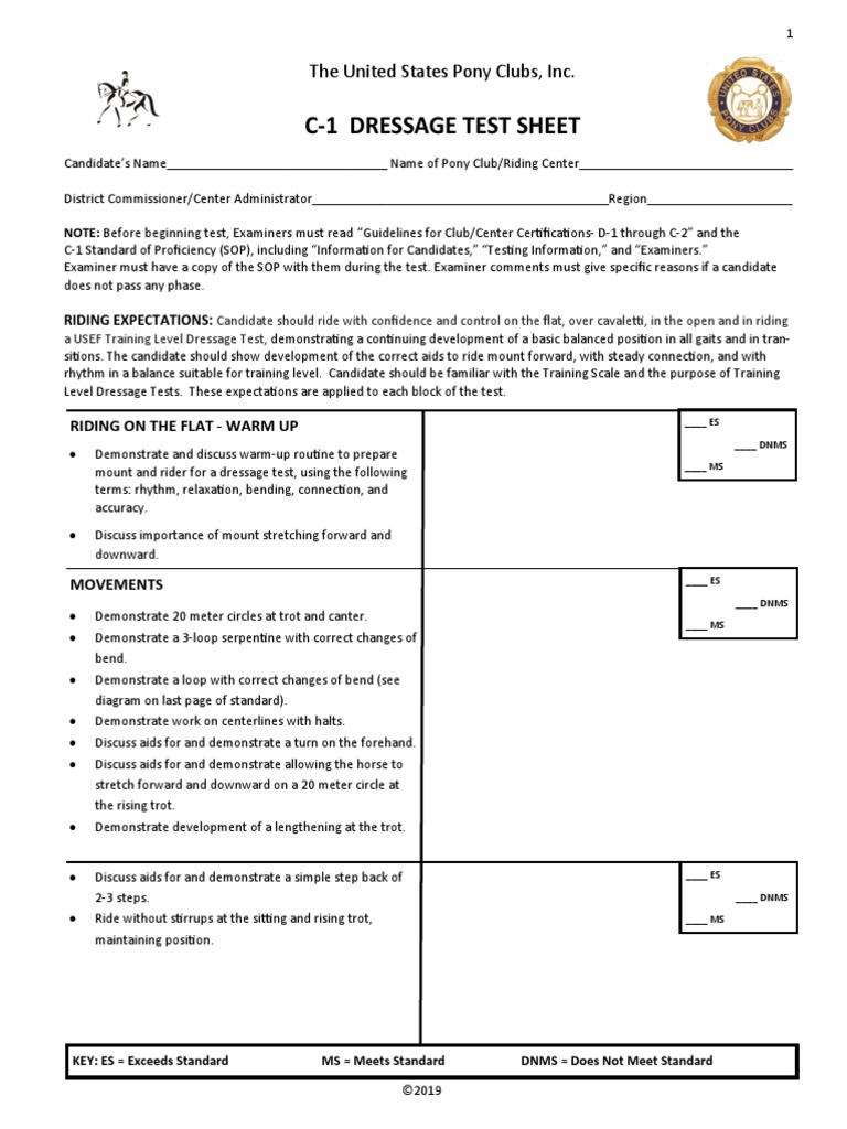 C-1 Dressage Test Sheet: The United States Pony Clubs, Inc | PDF ...