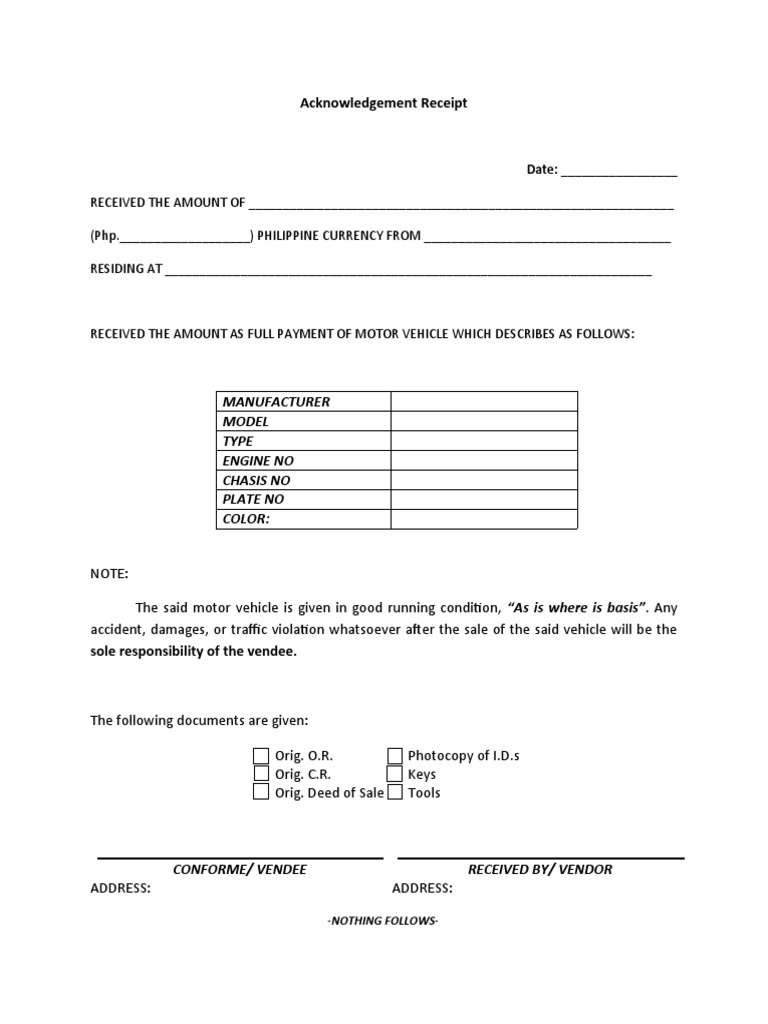Motorcycle Acknowledgement Receipt | PDF | Finance & Money Management