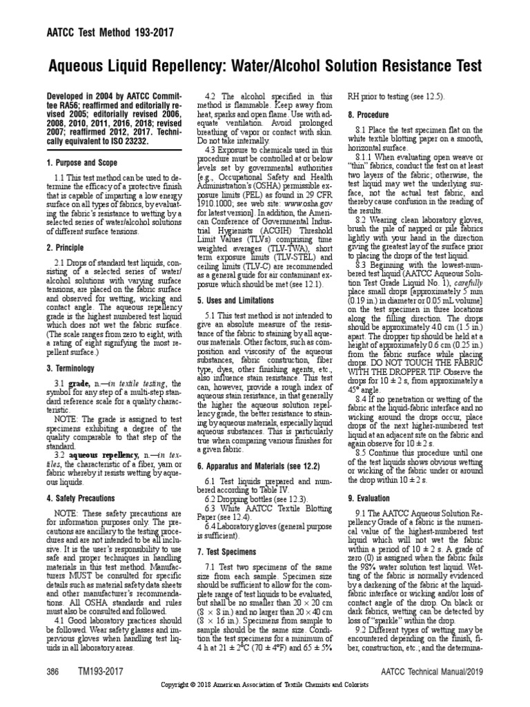 Aqueous Liquid Repellency: Water/Alcohol Solution Resistance Test ...