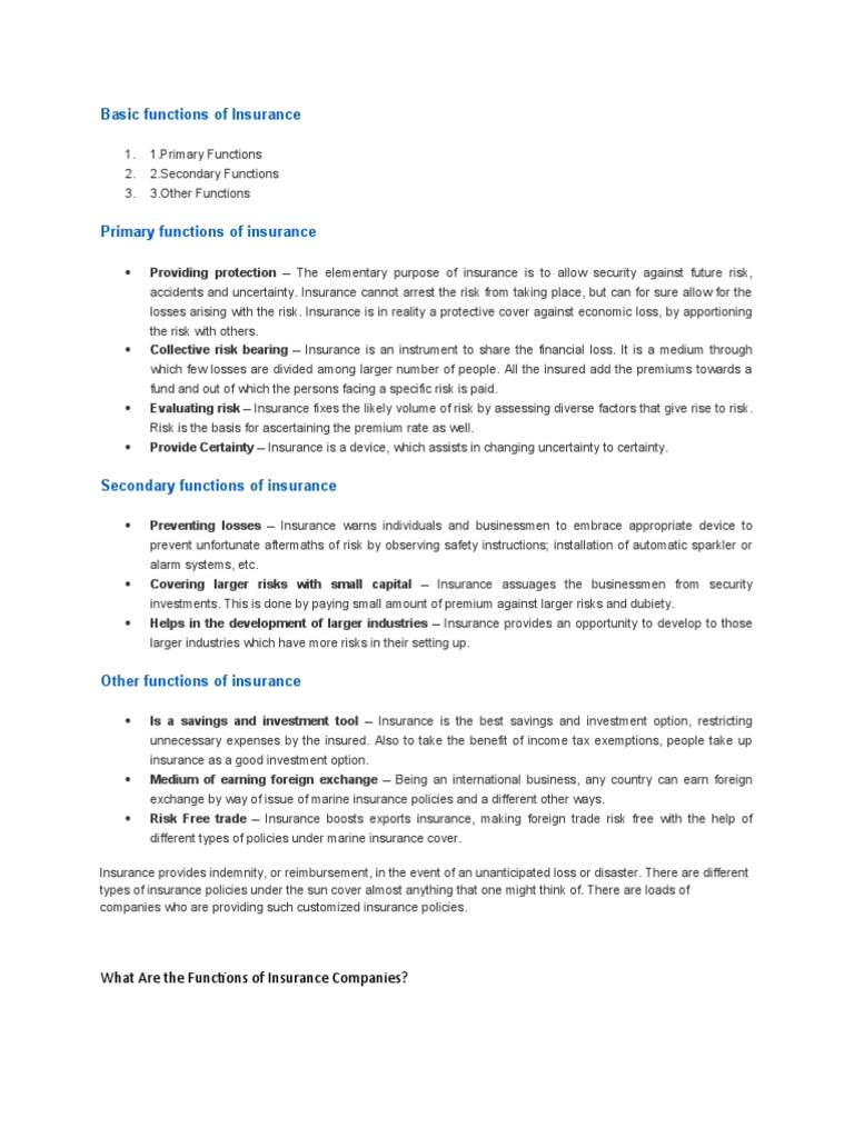 Functions of Insurance Explained | PDF | Insurance | Risk