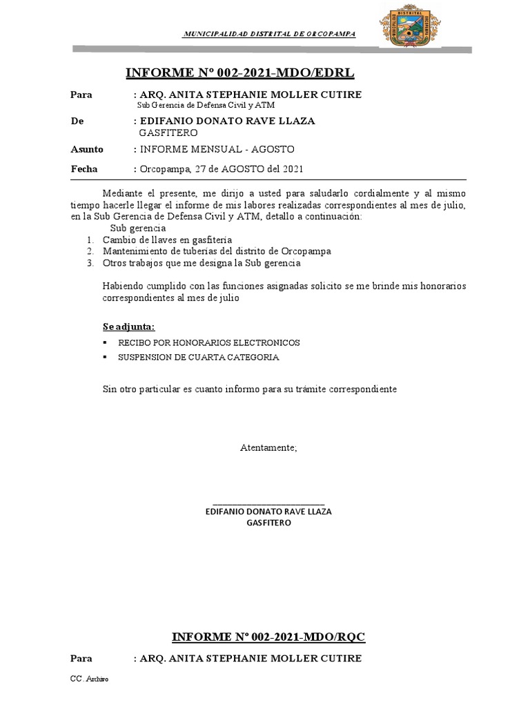 Informe Mensual GASFITERO 2 | PDF