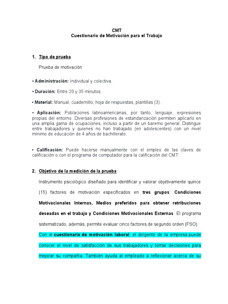 Cuestionario de Motivación Laboral CMT | PDF | Motivación | Motivacional