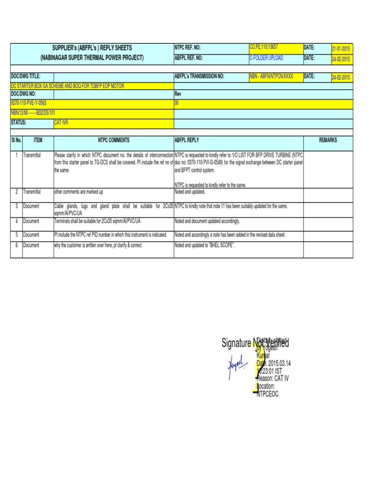 Supplier'S (Abfpl'S) Reply Sheets (Nabinagar Super Thermal Power ...