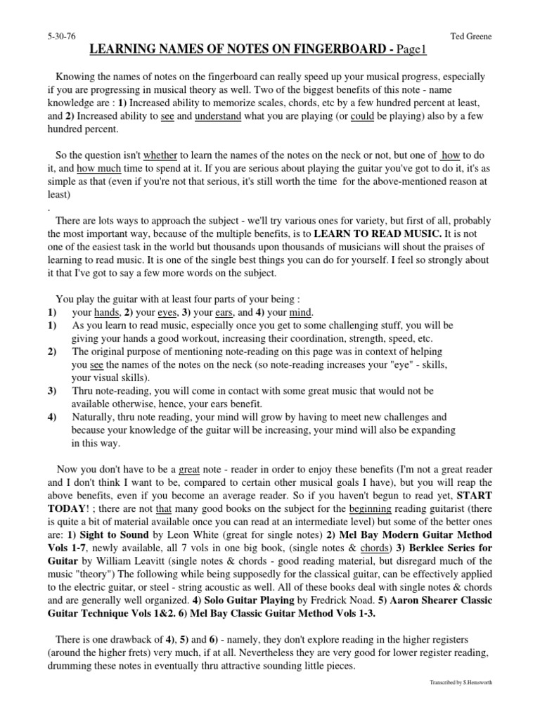 Learning Names of Notes On Fingerboard - Page1 | PDF | Guitars | Cognition