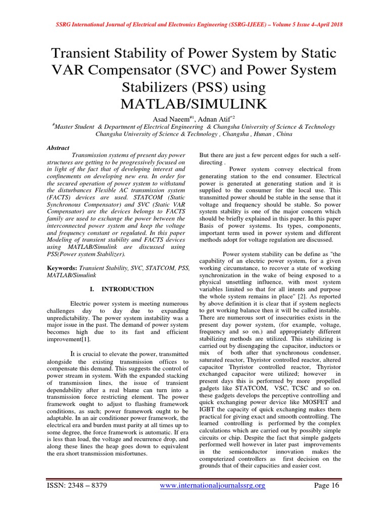 Transient Stability of Power System by Static VAR Compensator (SVC) and Power System Stabilizers ...