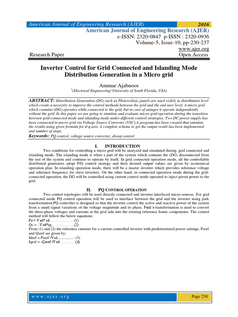 Inverter Control For Grid Connected and Islanding Mode Distribution Generation in A Micro Grid ...