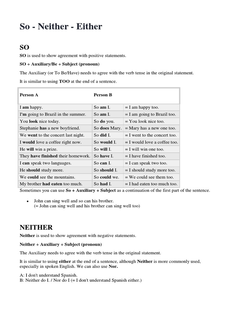 Neither Either Explanation | PDF | Verb | Subject (Grammar)
