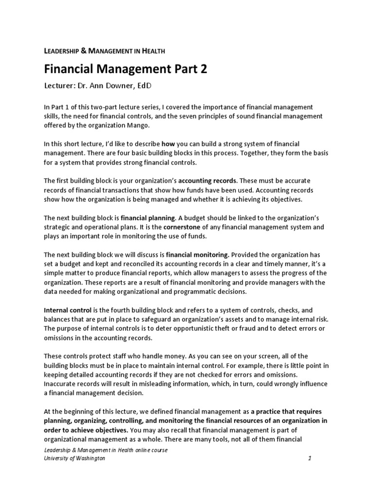 Financial Management in Health Leadership | PDF | Internal Control ...