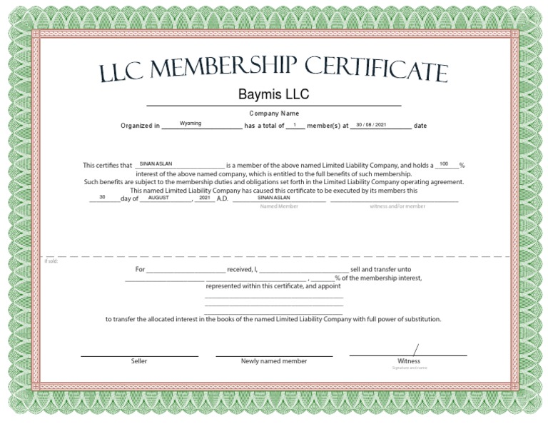 LLC Membership Certificate | PDF | Limited Liability Company | Corporations