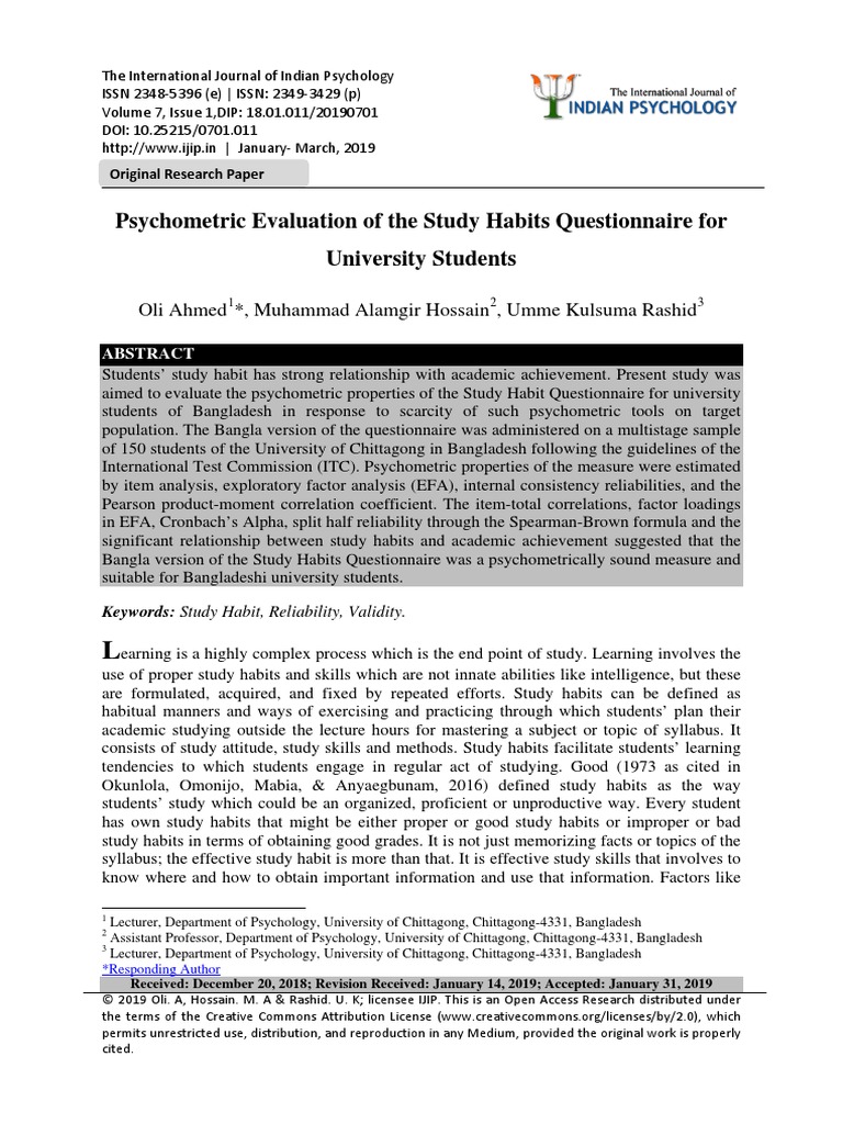 Study Habits Questionnaire For College Students | PDF | Validity ...