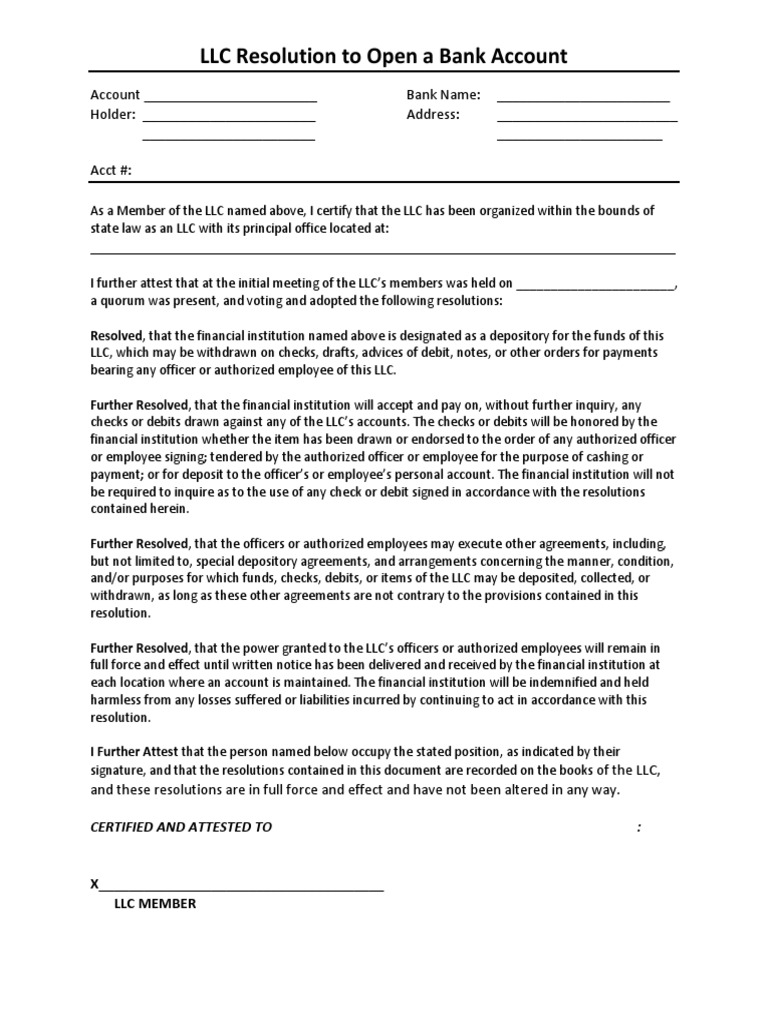 LLC Resolution for Bank Account Opening | PDF | Cheque | Debits And Credits