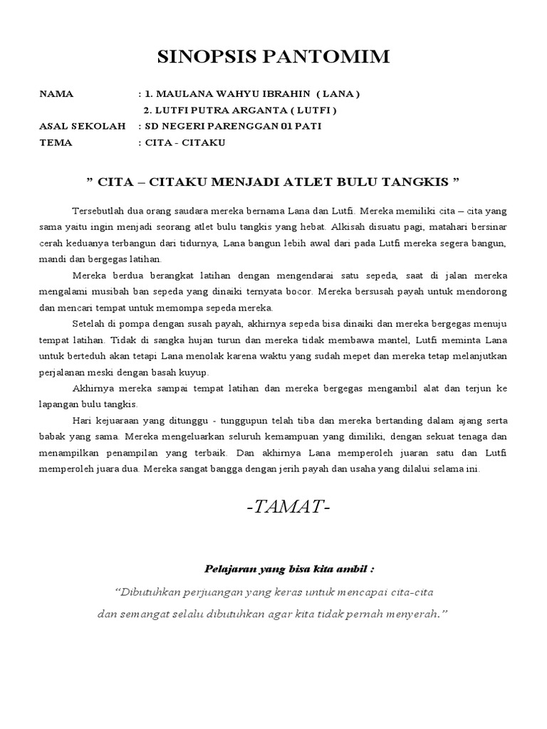 Sinopsis Pantomim 2020 Cita - Citaku Menjadi Atlit Bulu Tangkis | PDF