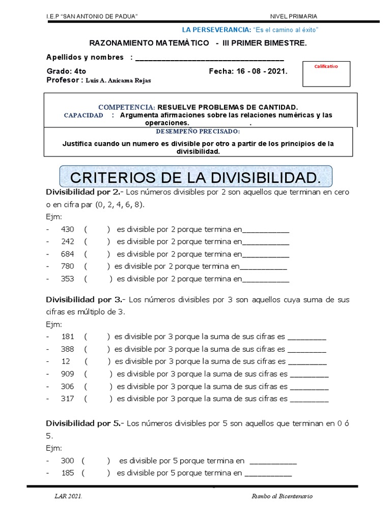 Hoja De Trabajo De Reglas De Divisibilidad En Formato Pdf