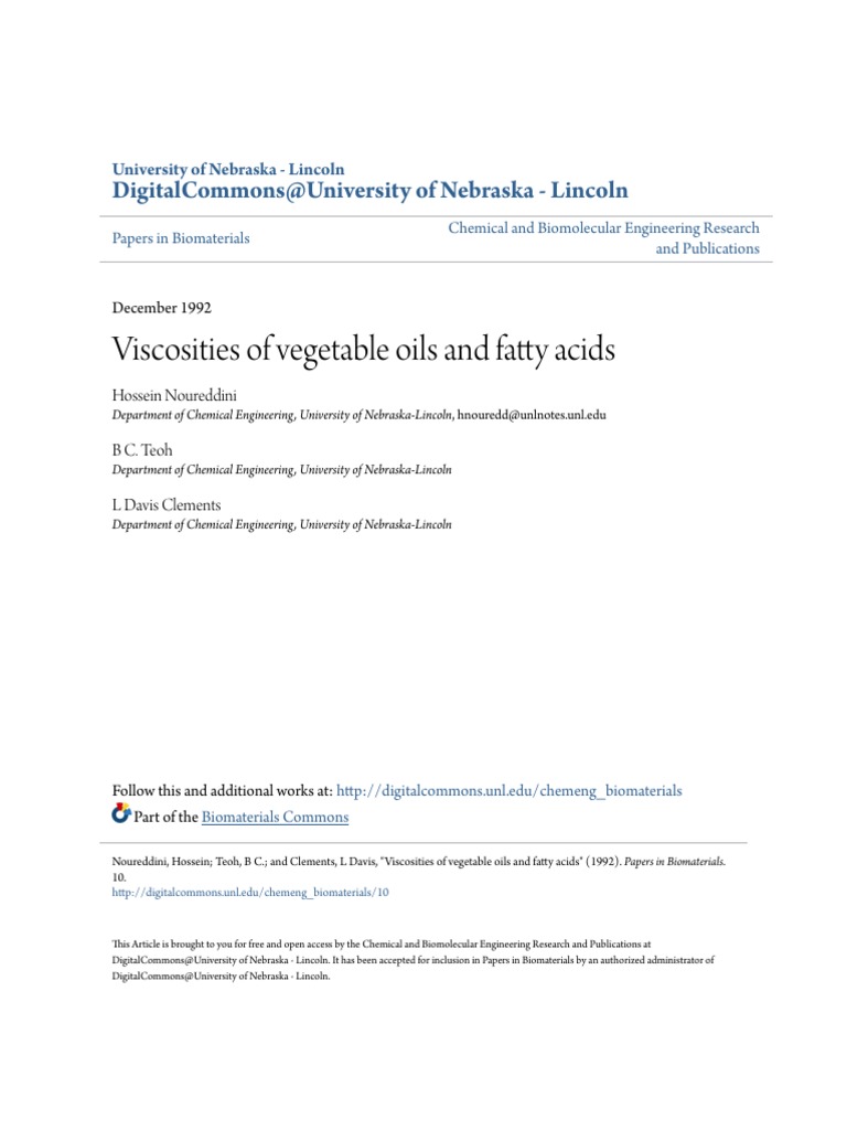 Viscosities of Vegetable Oils and Fatty Acids | PDF | Viscosity | Liquids