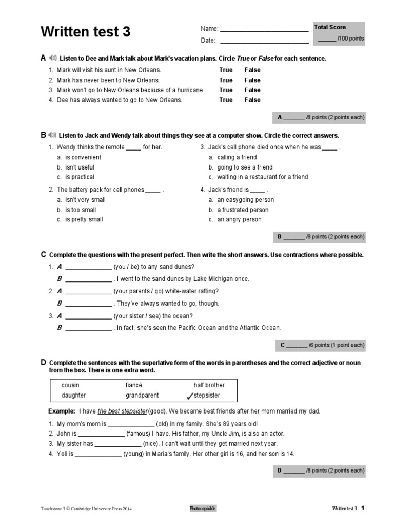 Touchstone 3 Exam For Units 9-10-11-12 | Download Free PDF | Grammar | Linguistics