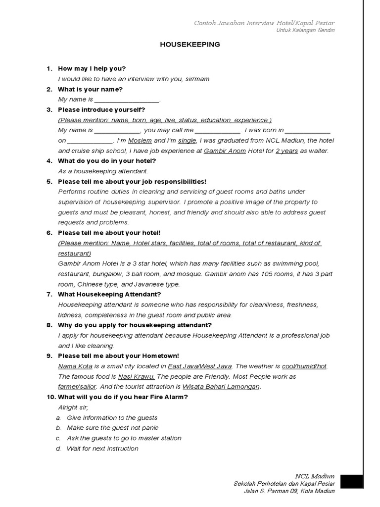 Housekeeping: Contoh Jawaban Interview Hotel/Kapal Pesiar | PDF ...