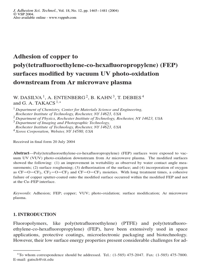 Adhesion of Copper To Poly (Tetrafluoroethylene-Co-Hexafluoropropylene ...