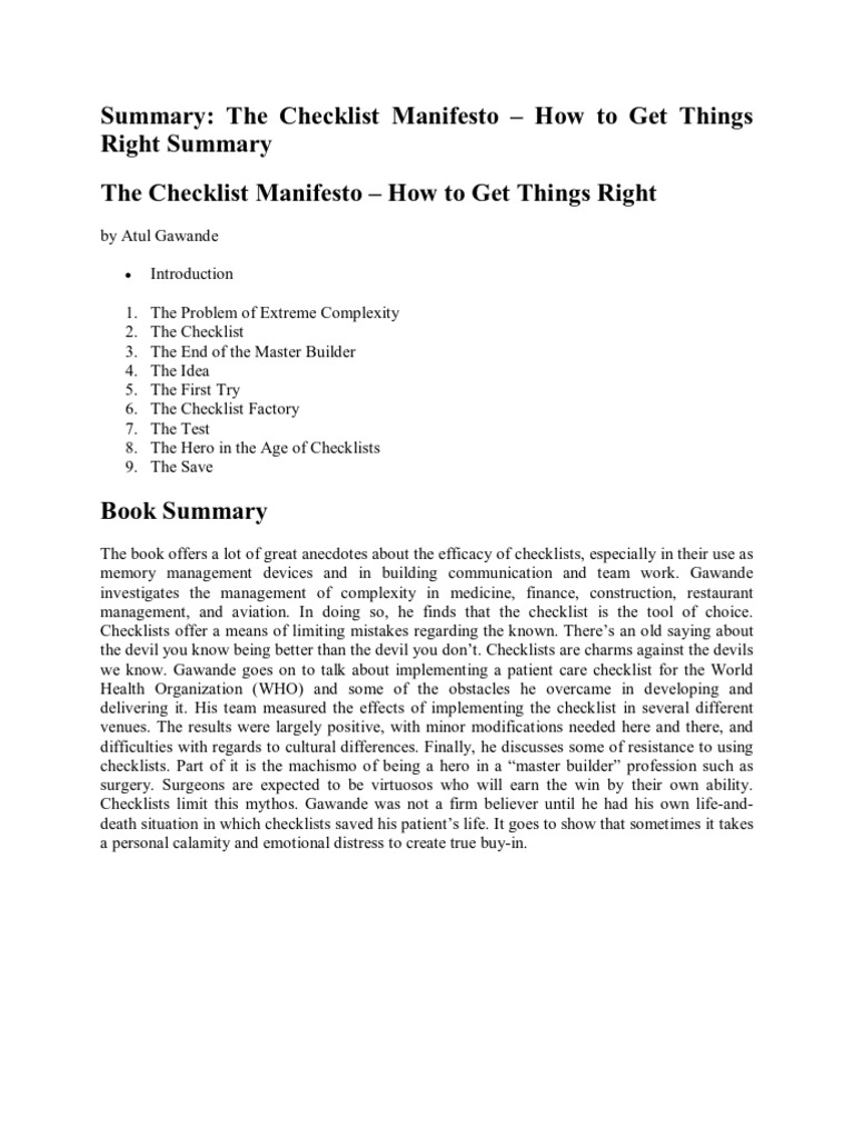 The Checklist Manifesto (Chapter-Wise Detail Summary) | PDF | Surgery ...