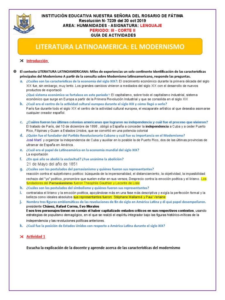 Guía de Actividades: Modernismo Latinoamericano | PDF | Cuba | America ...