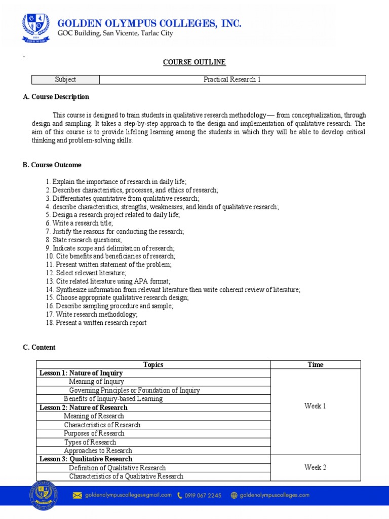 Course Outline in PR1 (2021-2022) | PDF | Cognition | Education Theory