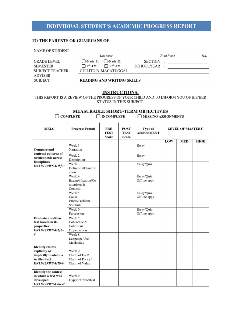 Individual Student'S Academic Progress Report: Instructions | PDF ...