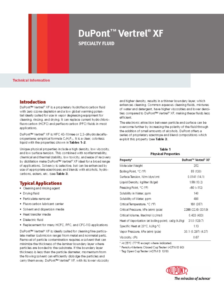 Dupont Vertrel XF: Specialty Fluid | PDF | Chlorofluorocarbon ...