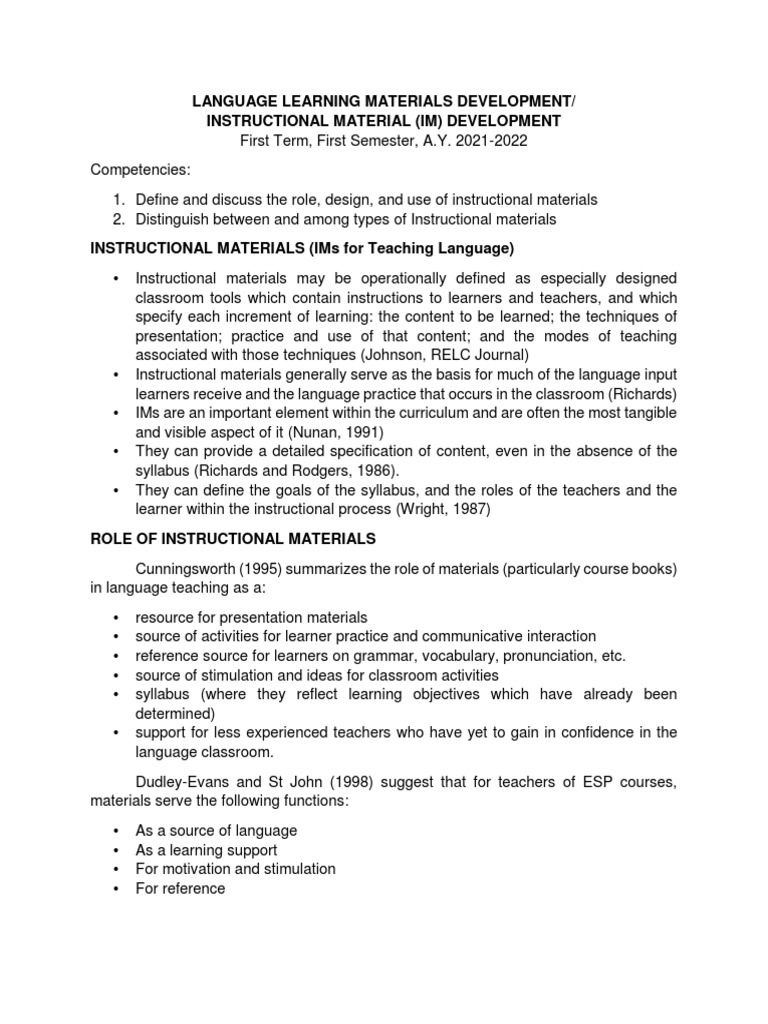 Week 1 - Introduction To Materials Development | PDF | Teachers | Learning