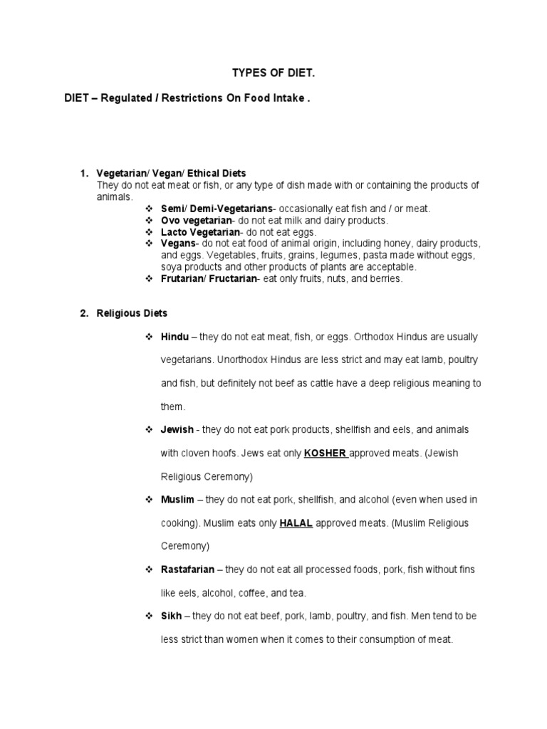 Types of Diet. DIET - Regulated / Restrictions On Food Intake | PDF ...