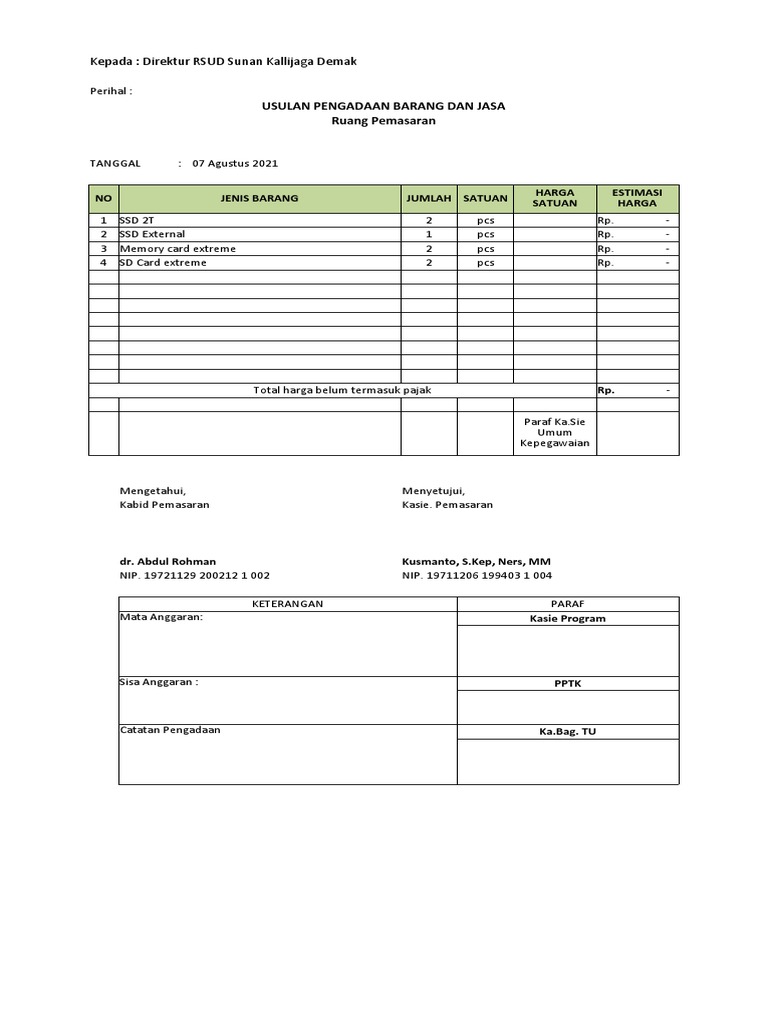Format Usulan Pengadaan Barang | PDF