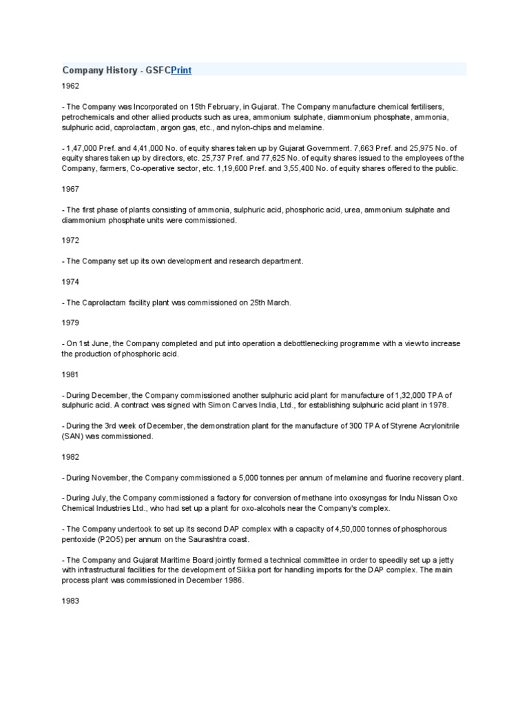 Company History - GSFC: Print | PDF | Preferred Stock | Stocks