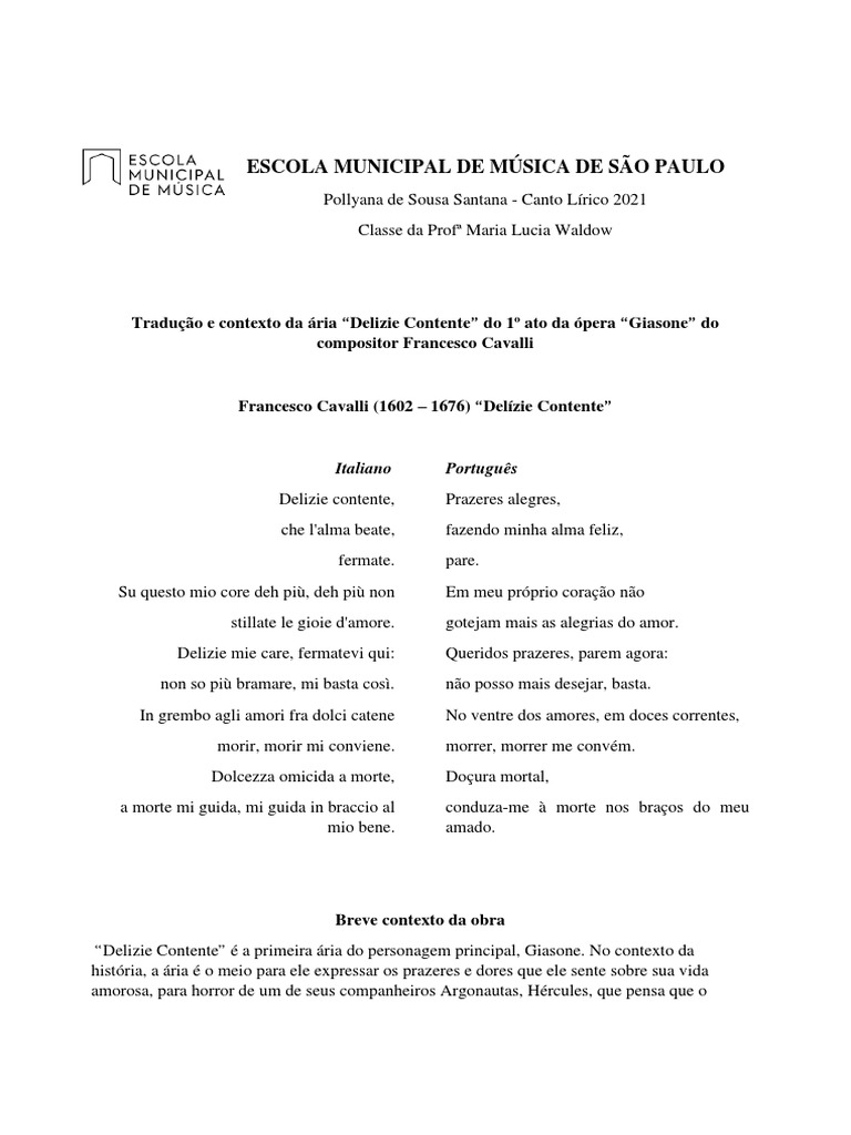 Delizie Contente - Contexto e Tradução | PDF | Ópera